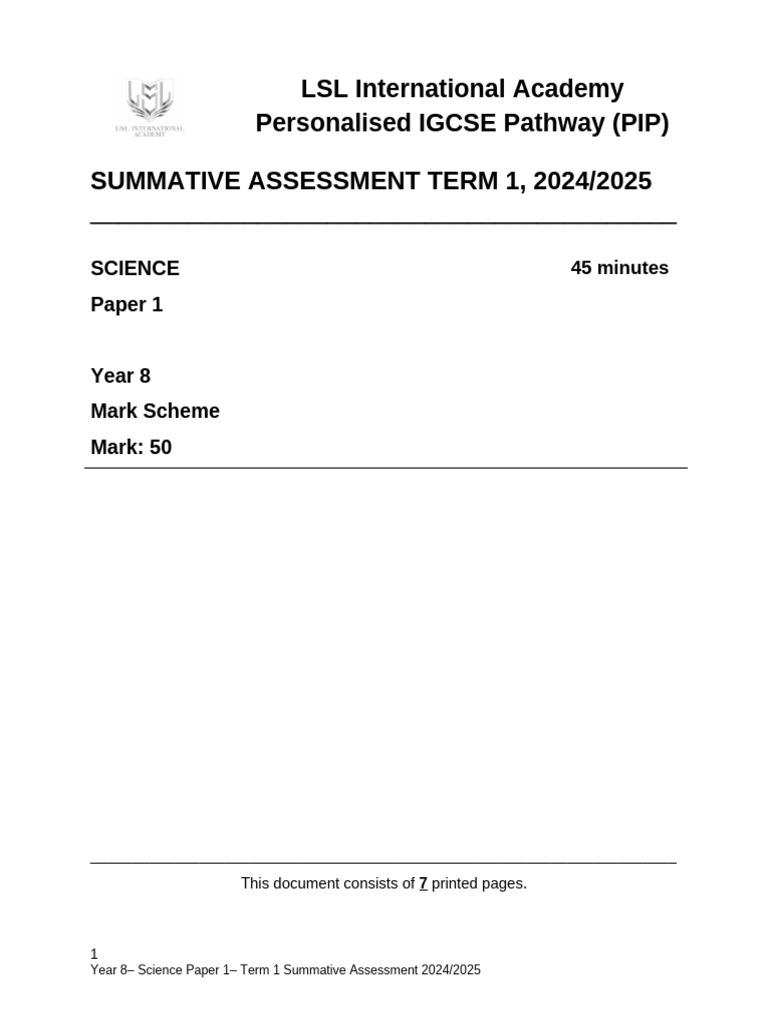 Paper 1 Y8 Marking Scheme | PDF | Atomic Nucleus | Gases