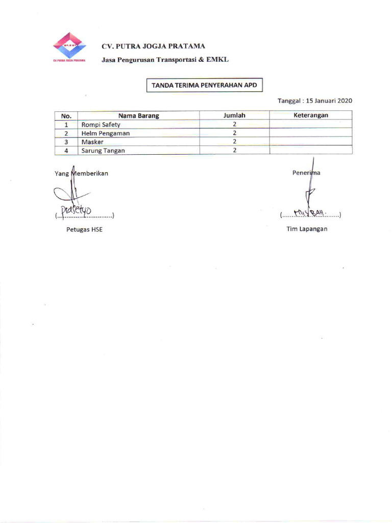 CONTOH Tanda Terima Penyerahan APD | PDF