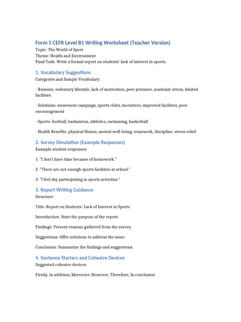 Form5 Writing Worksheet TeacherVersion | PDF | Sports | Incentive