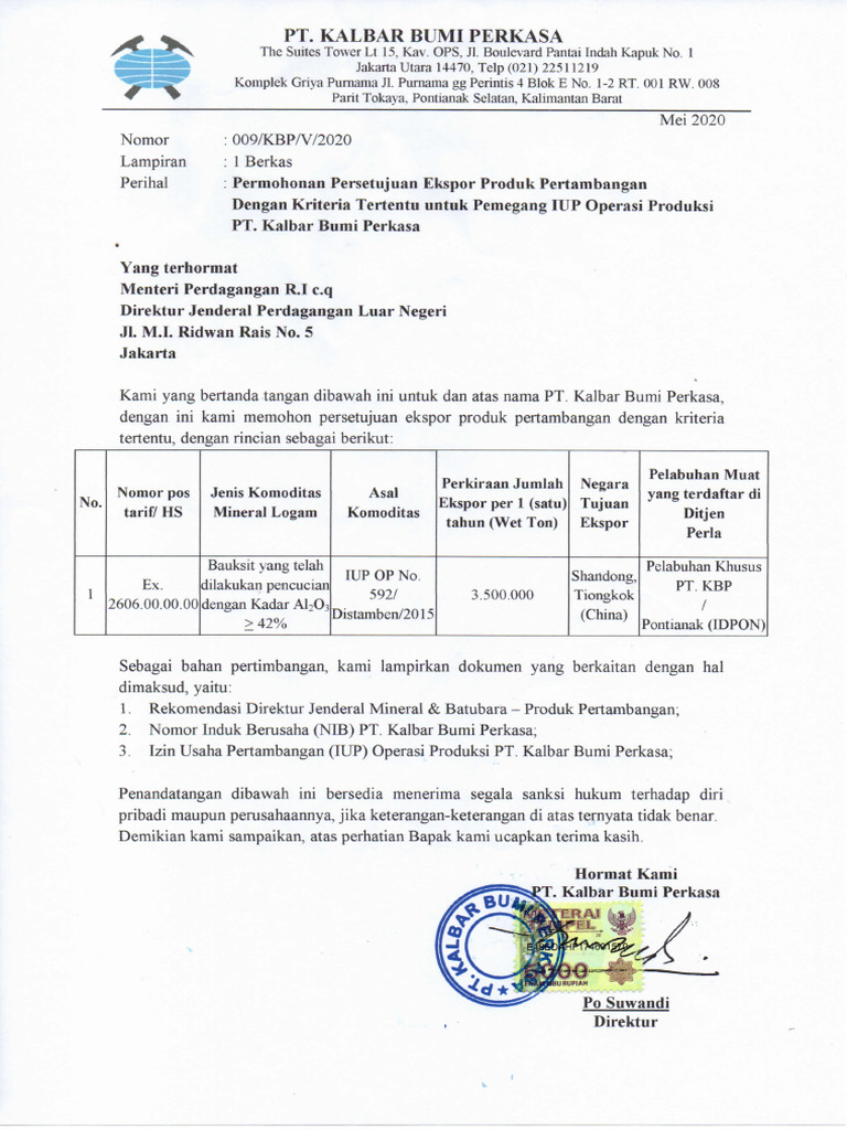 Surat Permohonan Persetujuan Export | PDF