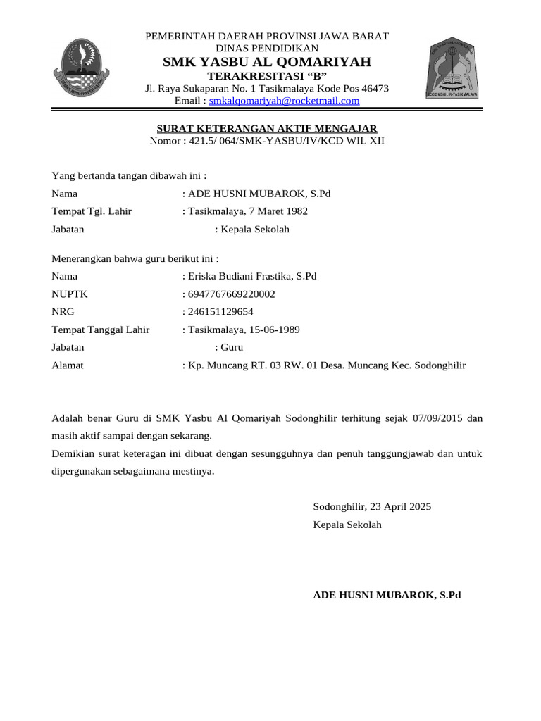 Surat Keterangan Aktif Mengajar Guru SMK | PDF