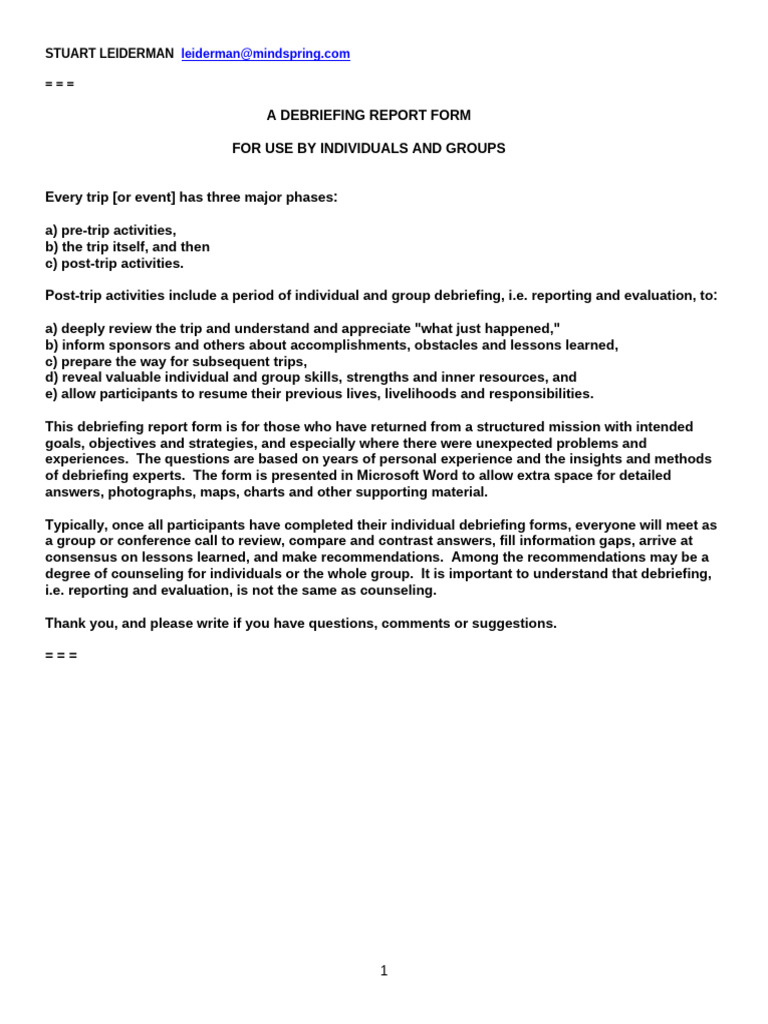 Debriefing Report Form for Trips | PDF | Goal | Psychology