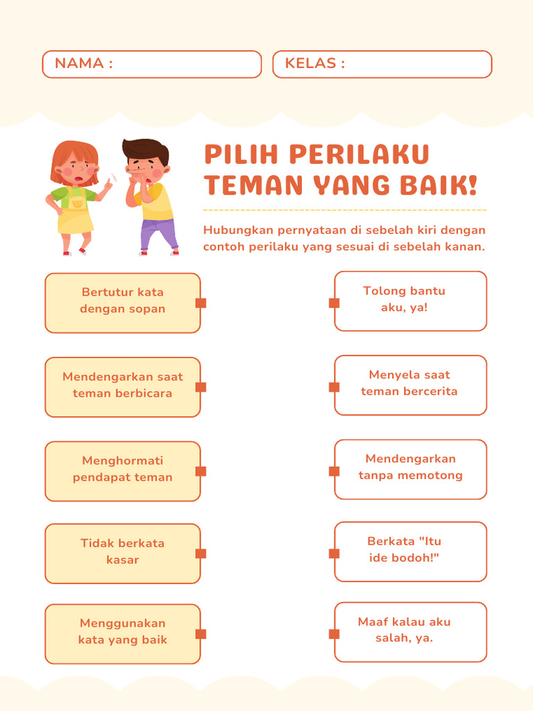 Lembar Kerja Kuning Dan Merah Tema Perilaku Teman Yang Baik Gaya ...