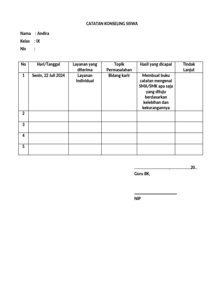 Catatan Konseling Siswa Andira IX | PDF