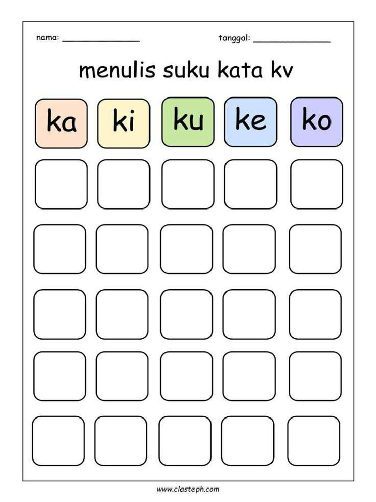 Menulis Suku Kata KV - Ka Ki Ku Ke Ko | PDF