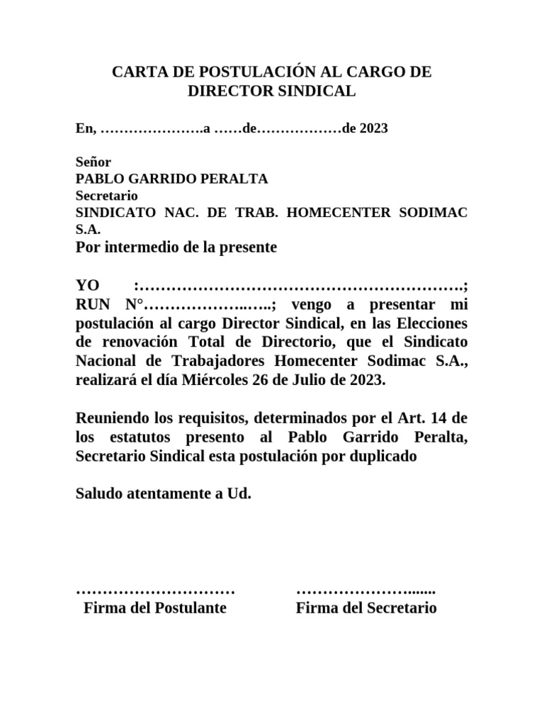 Carta de Postulacion Al Cargo de Director Sindical | PDF