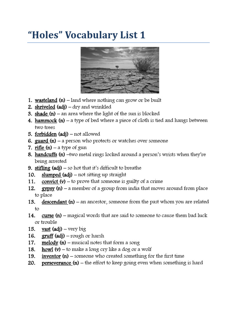 "Holes Vocabulary List and Practice" | PDF