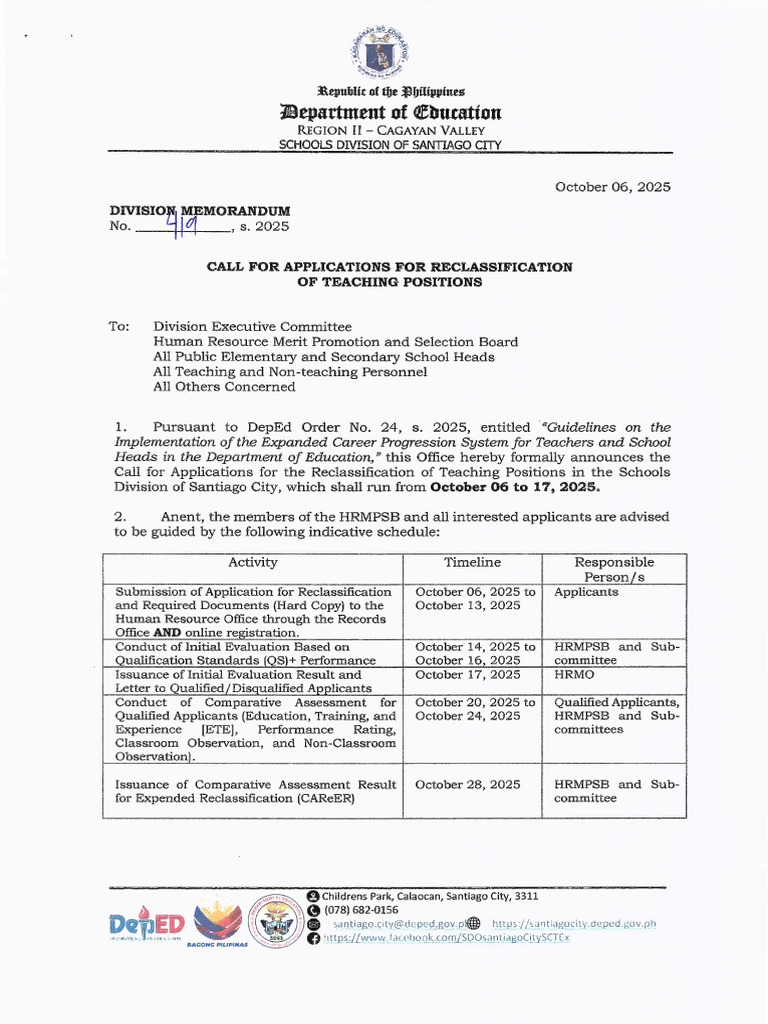DM419 S. 2025 Call For Applications For Reclassification of Teaching ...