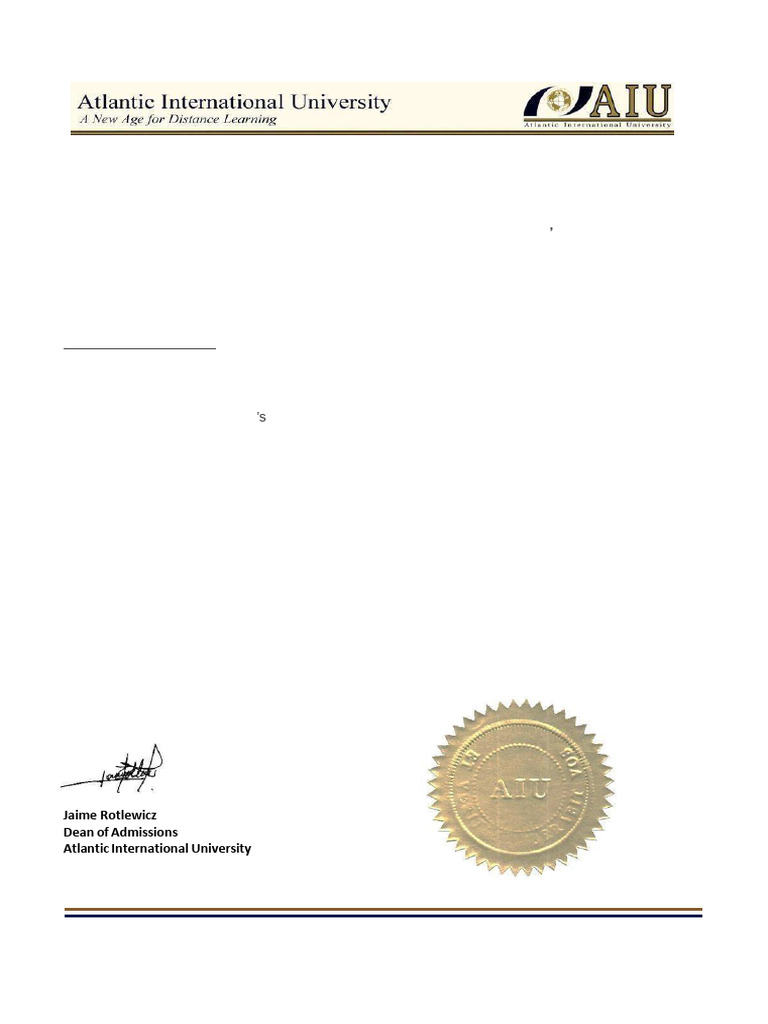 AIU Computer Science Acceptance Letter | PDF