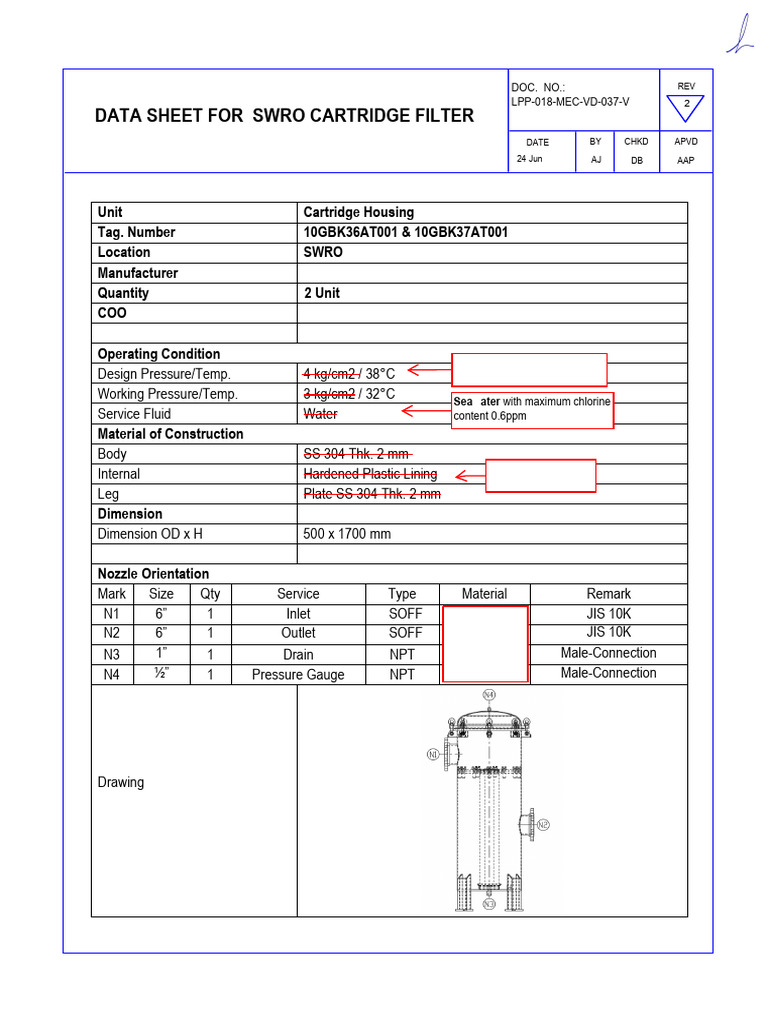 SWRO Cartridge Filter Data Sheet | PDF | Membrane | Filtration