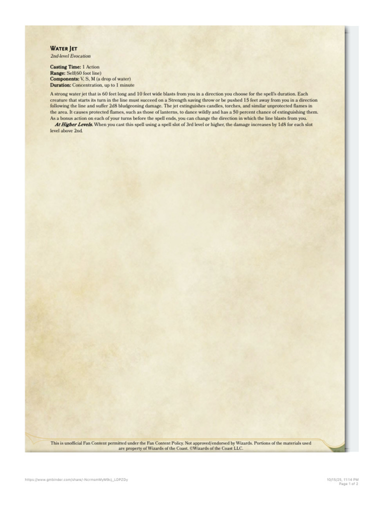 Water Jet Spell Overview and Mechanics | PDF