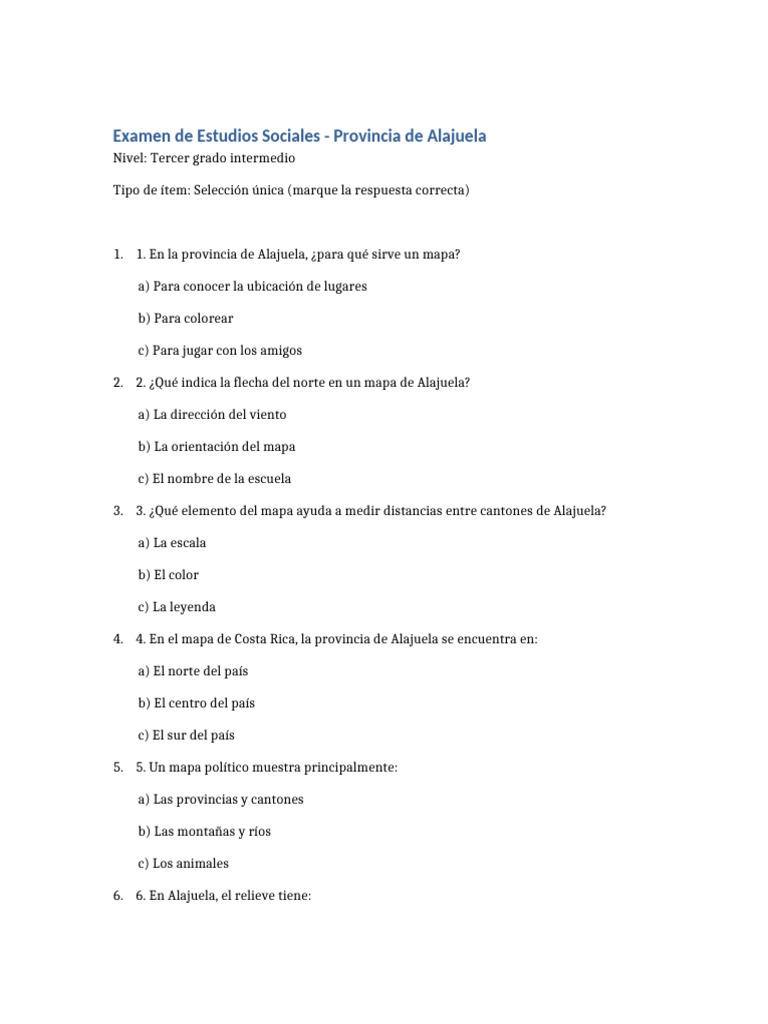 Examen de Estudios Sociales Alajuela 3° grado | PDF