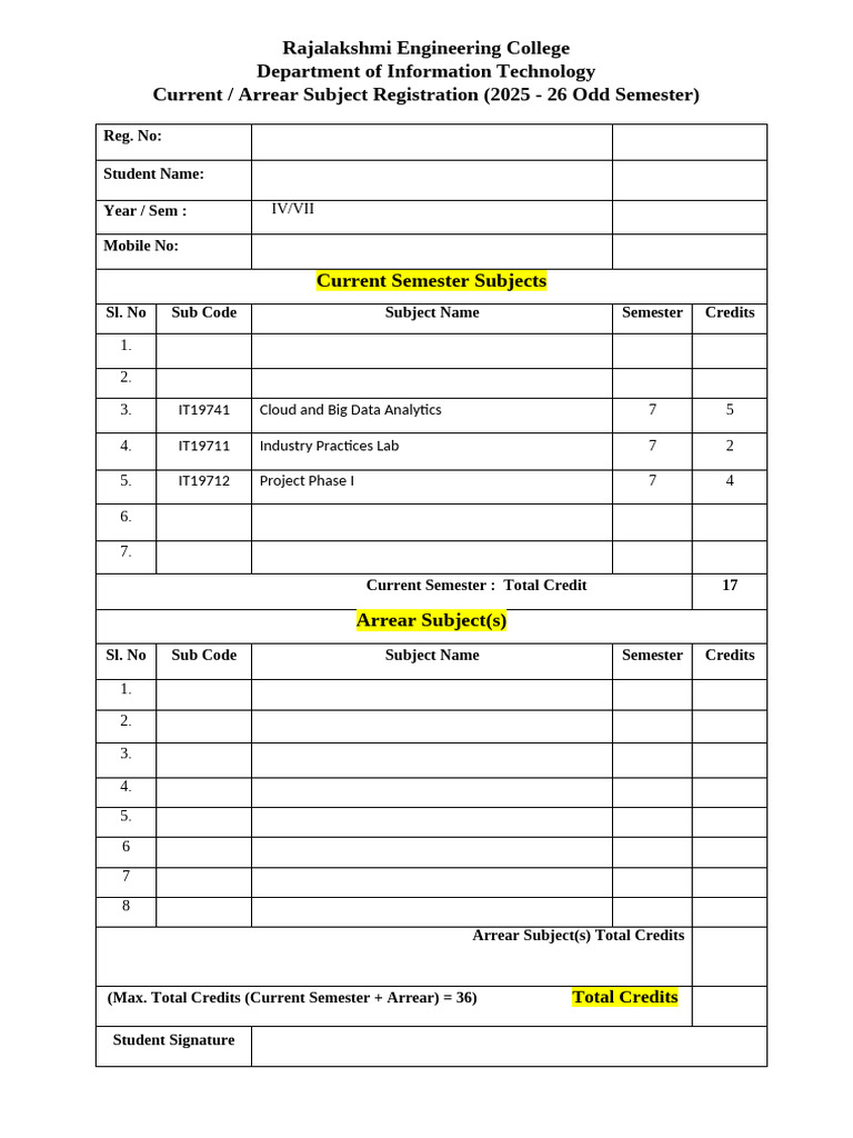 2025-26 Odd Semester Subject Registration | PDF