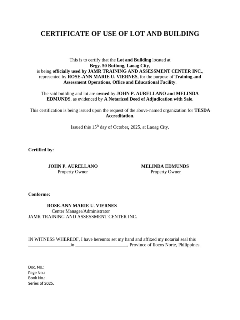 Lot Certificate for Training Center Use | PDF