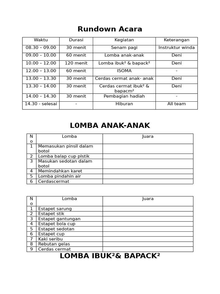 Rundown Acara Lomba Keluarga dan Anak | PDF
