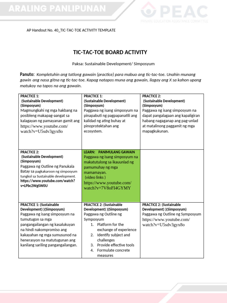 Tic Tac Toe Activity Template | PDF