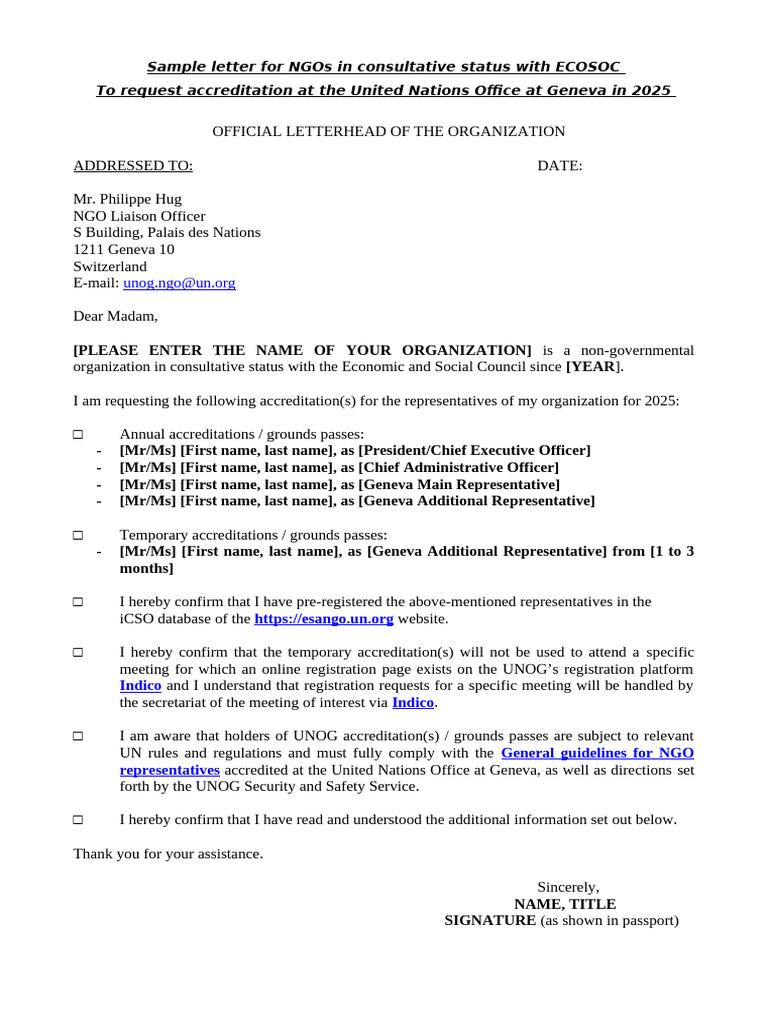 2024 Sample Letter NGO Designations UNOG | PDF