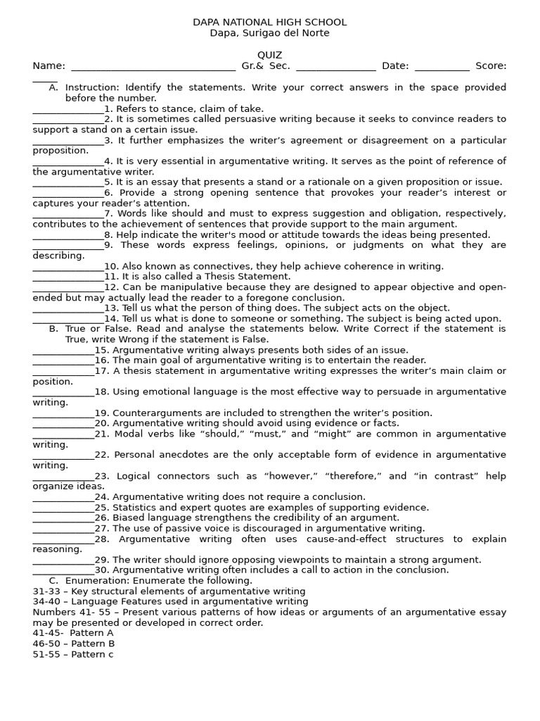 Long Quiz Argumentative Writing | PDF | Argument | Essays