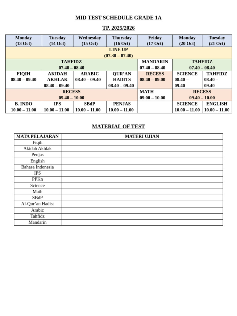 Mid Test Schedule All Grade | PDF