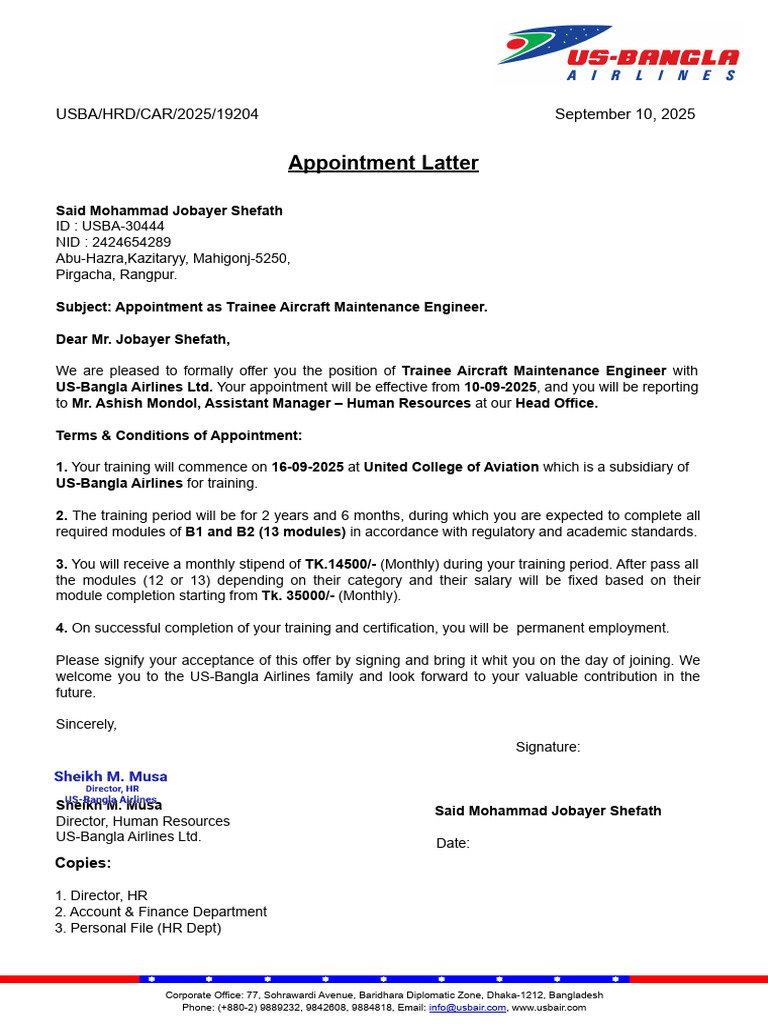 Appointment Letter for Trainee Engineer | PDF