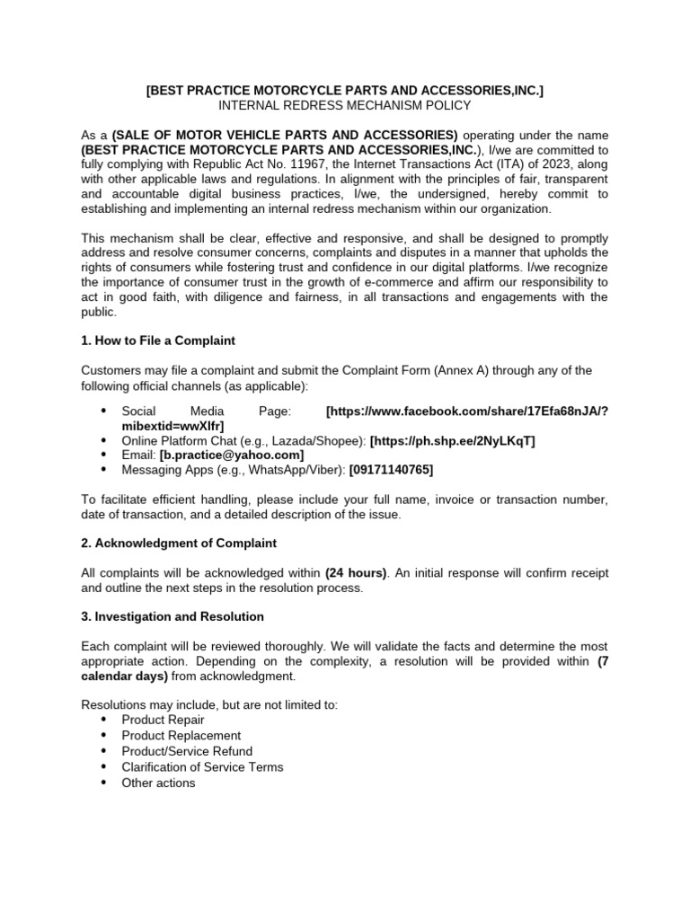 Internal Redress Mechanism Policy | PDF | Business | Consumer Protection