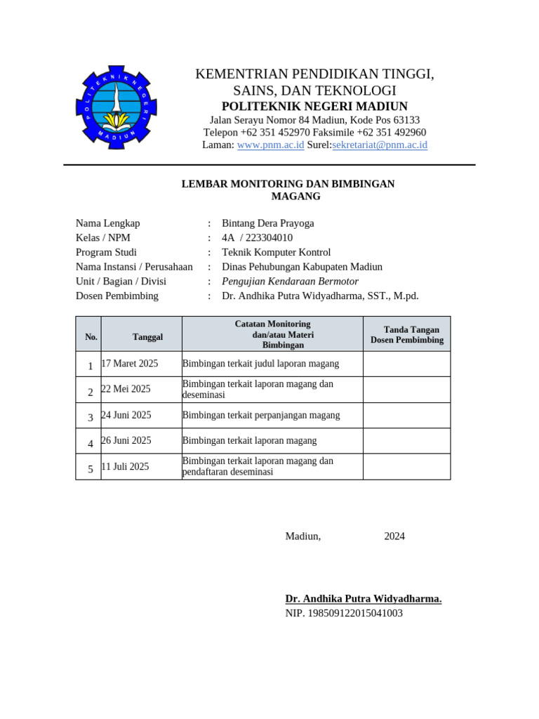 Lembar Monitoring Dan Bimbingan Pkl Dera | PDF