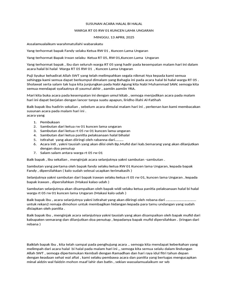 Susunan Acara Halal Bi Halal RT 05 | PDF