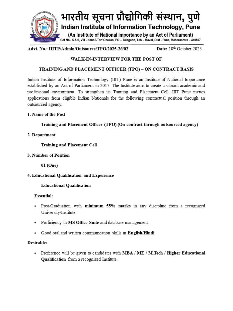Walk-in Interview for TPO at IIIT Pune | PDF