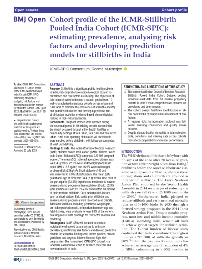 Cohort Profile of The ICMR-Stillbirth | PDF | Cohort Study | Risk