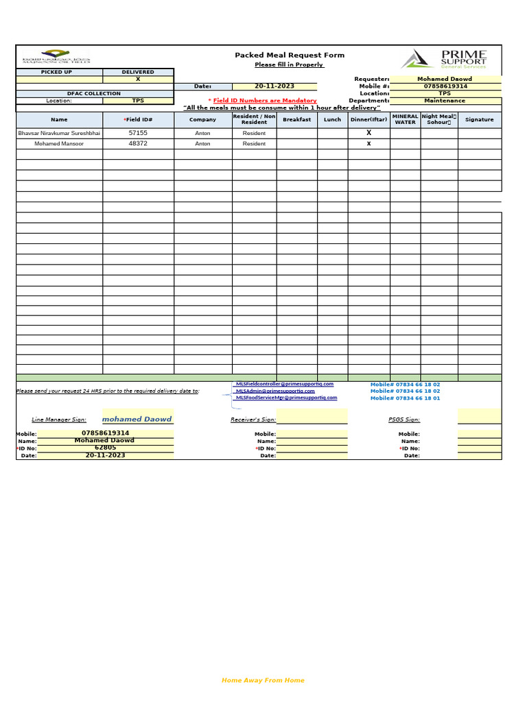 Packed Meal Request Form Template | PDF | Meal | Eating Behaviors Of Humans