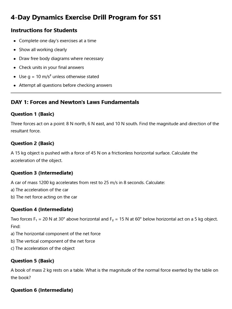4-Day Dynamics Exercise Drill Program For SS1 | PDF | Force | Momentum