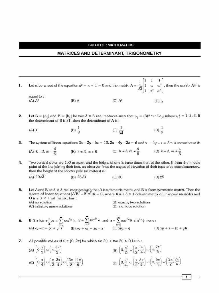 05 - GRS 3 Matrices& Det, Trigo Paper | PDF | Algebra | Mathematics