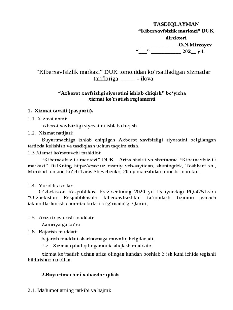 "Axborot Xavfsizligi Siyosatini Ishlab Chiqish" Bo Yicha Reglamenti Va ...