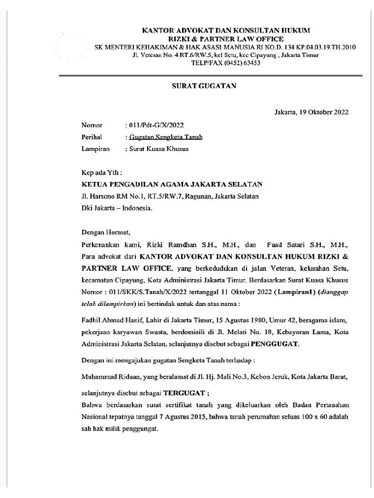 Contoh Surat Gugatan Sengketa | PDF