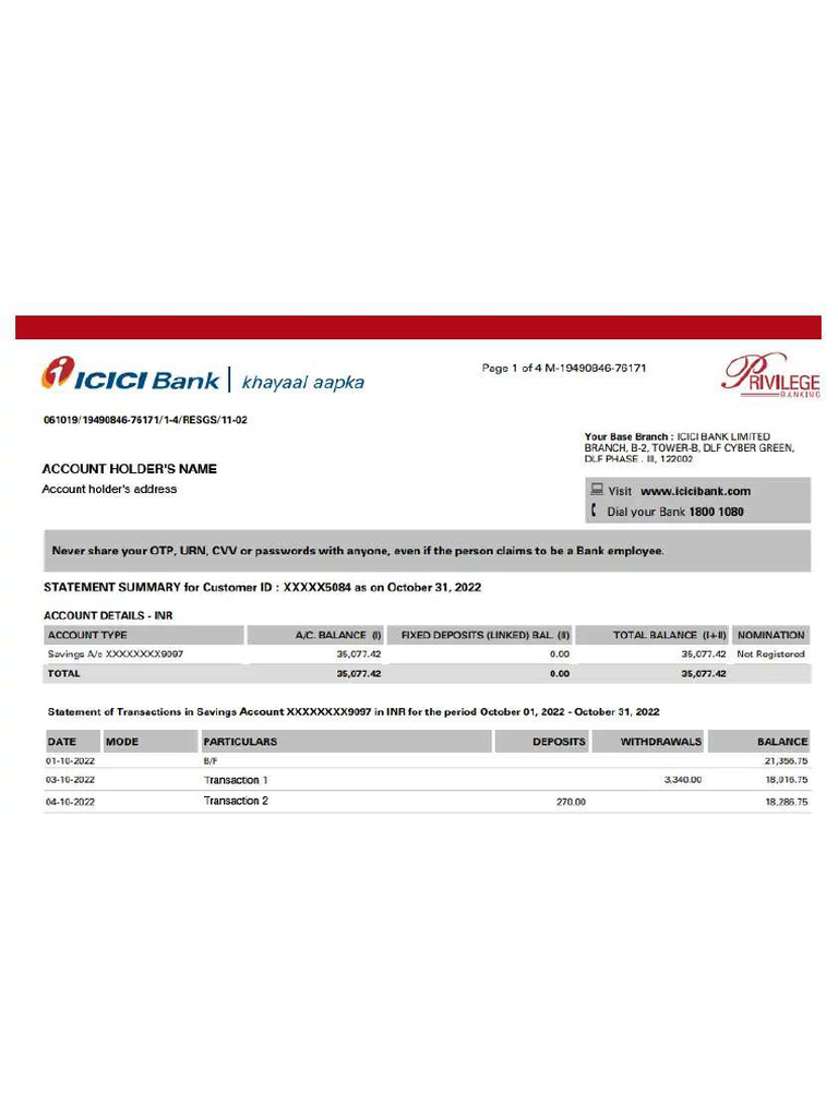 ICICI Bank Statement | PDF