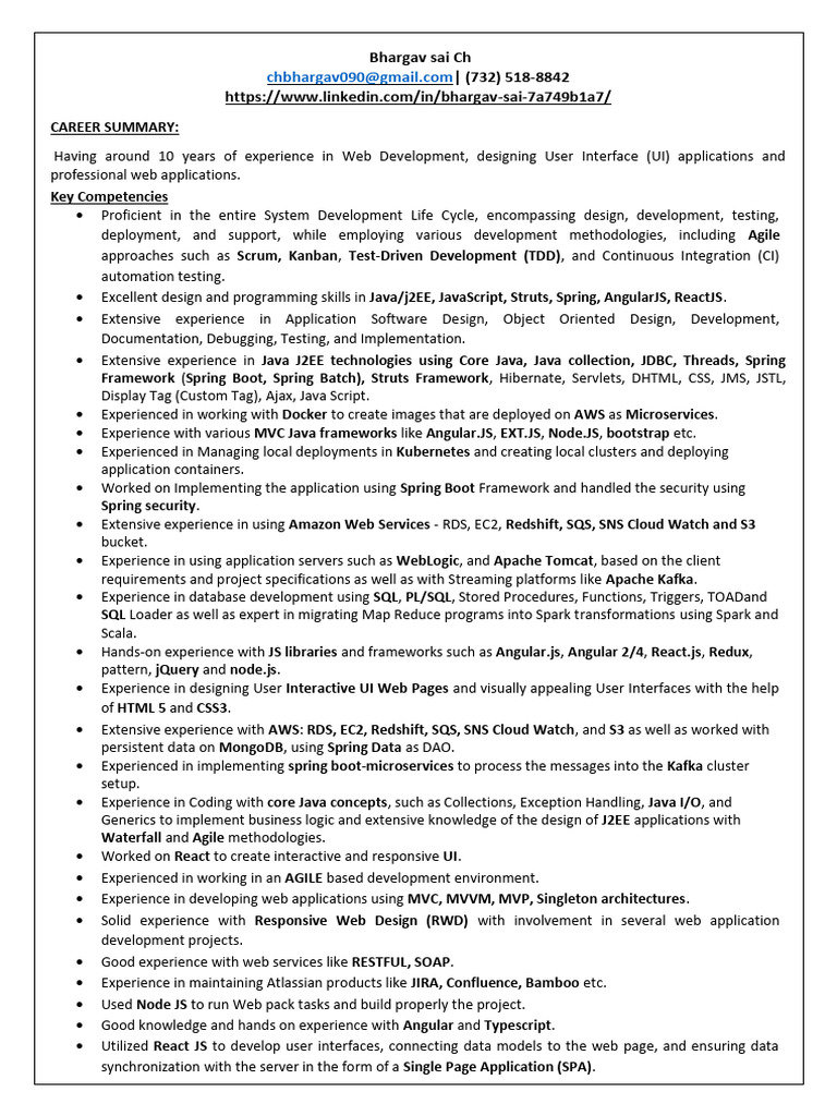 Bhargav Java Full Stack Developer | PDF | Spring Framework | Web Service