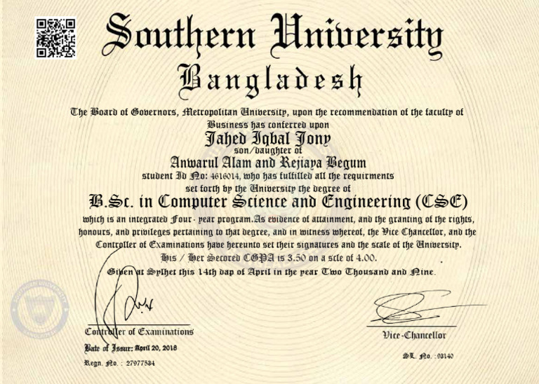 B.Sc. in Computer Science Degree Certificate | PDF