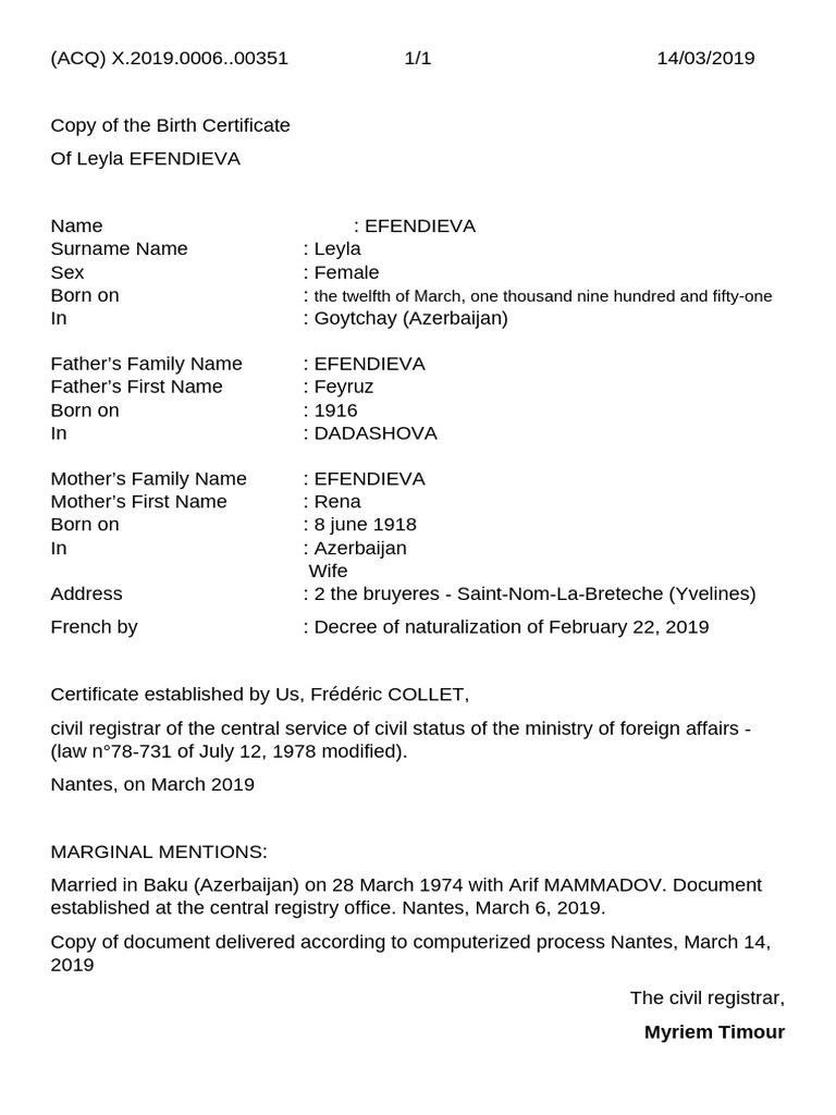 Birth Certificate France Spouse L Mammadova | PDF