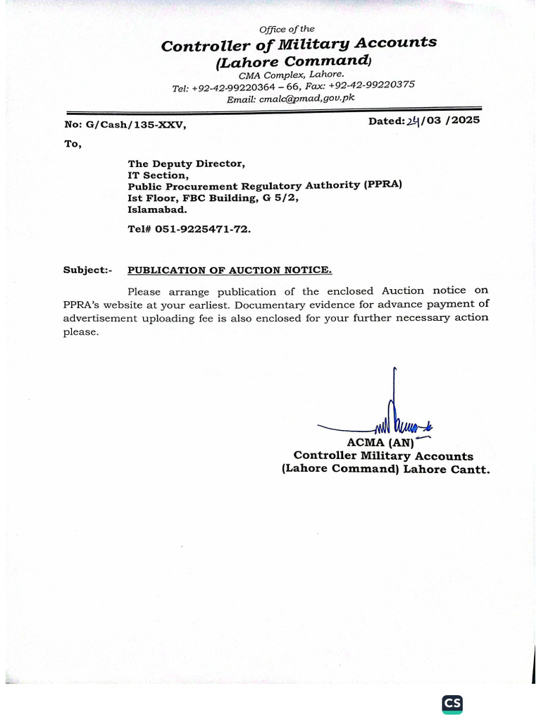PPRA Letter For Publication of Auction Notice Fy 24-25 | PDF