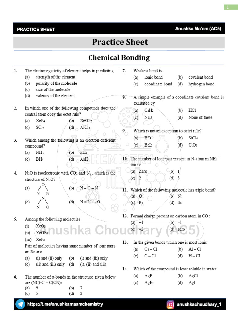 Practice Sheet - Chemical Bonding | PDF | Chemical Bond | Covalent Bond
