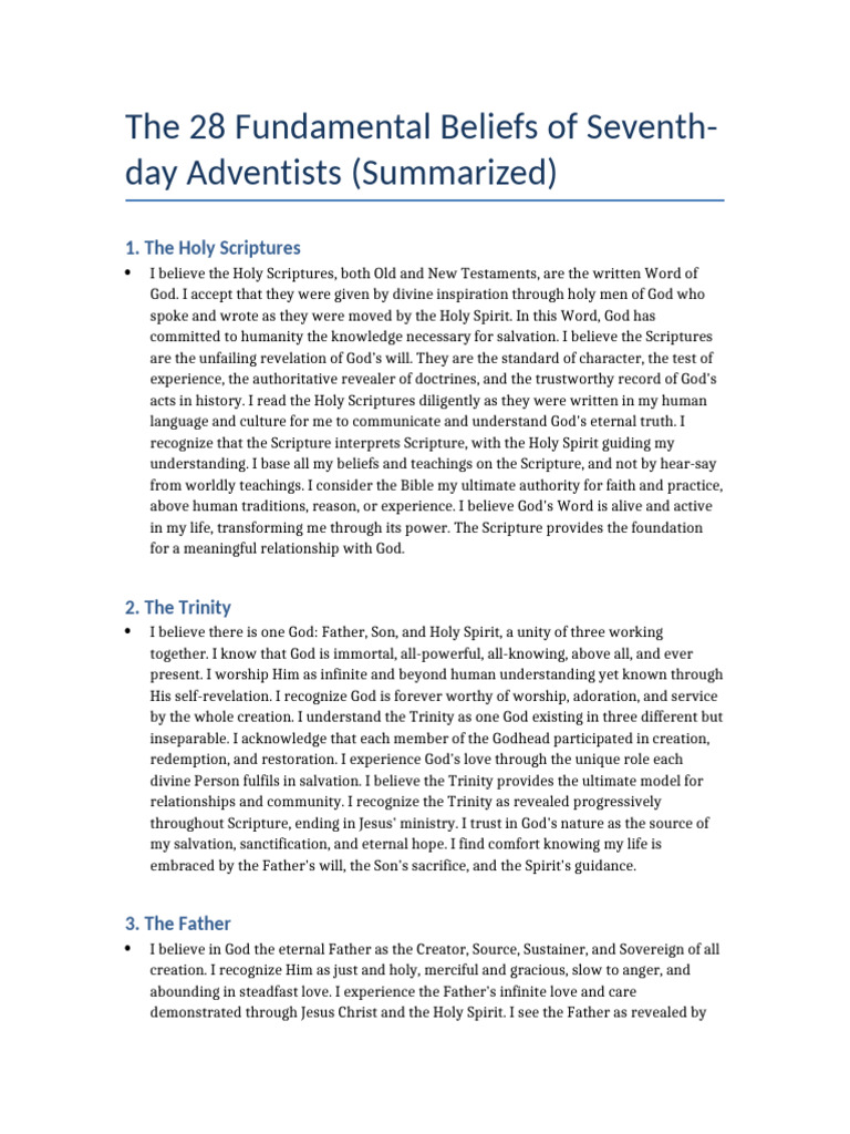 28 Core Beliefs of Seventh-day Adventists | PDF | God The Father ...