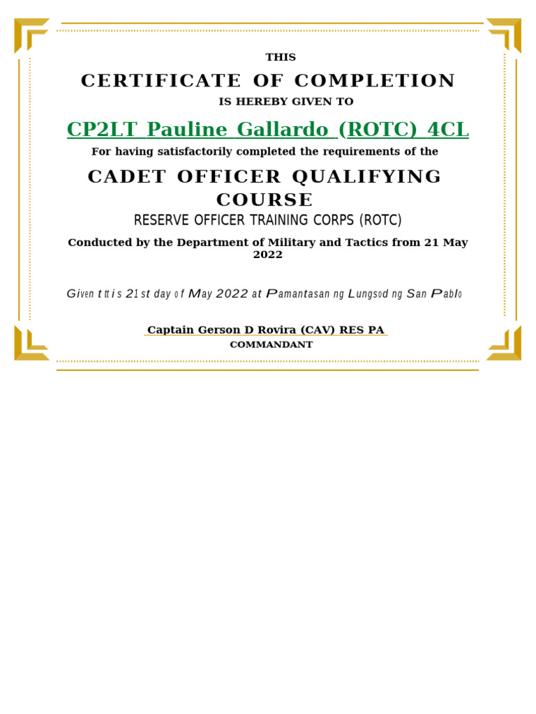 ROTC Cadet Officer Course Completion Certificate | PDF