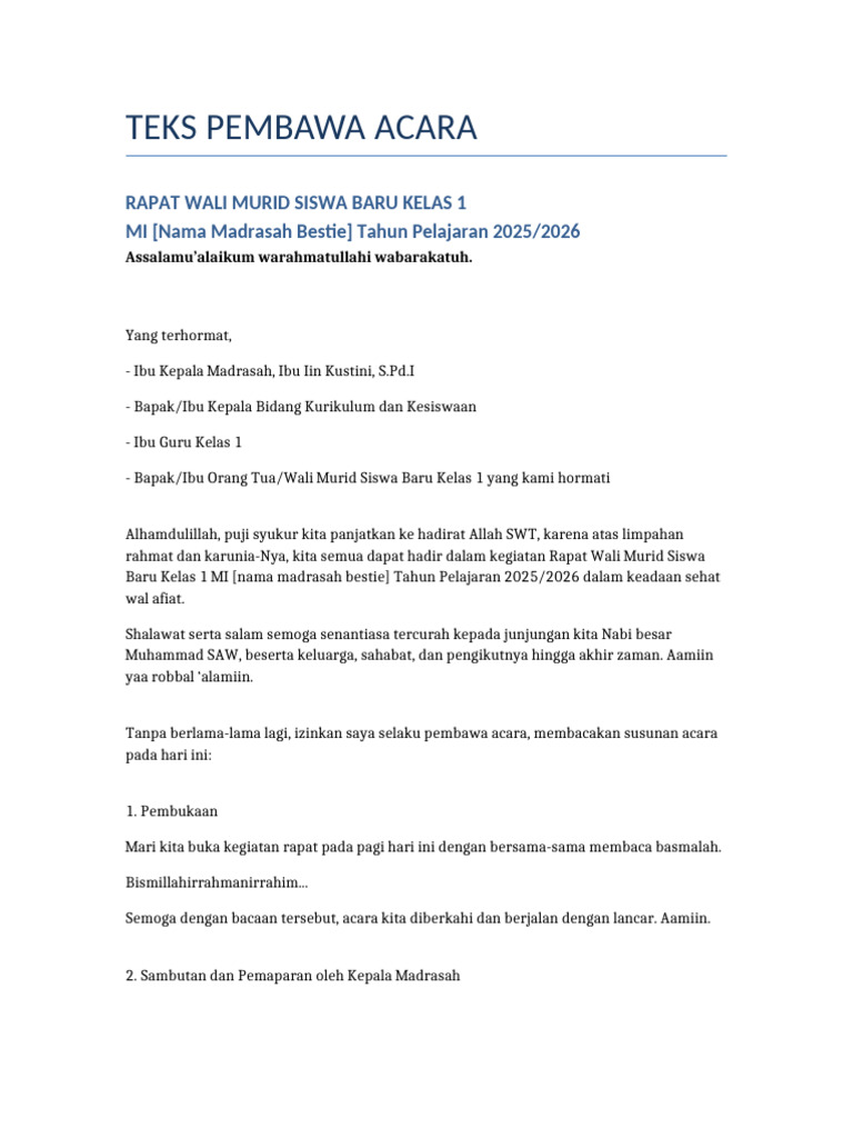 Teks MC Rapat Wali Murid Kelas 1 | PDF