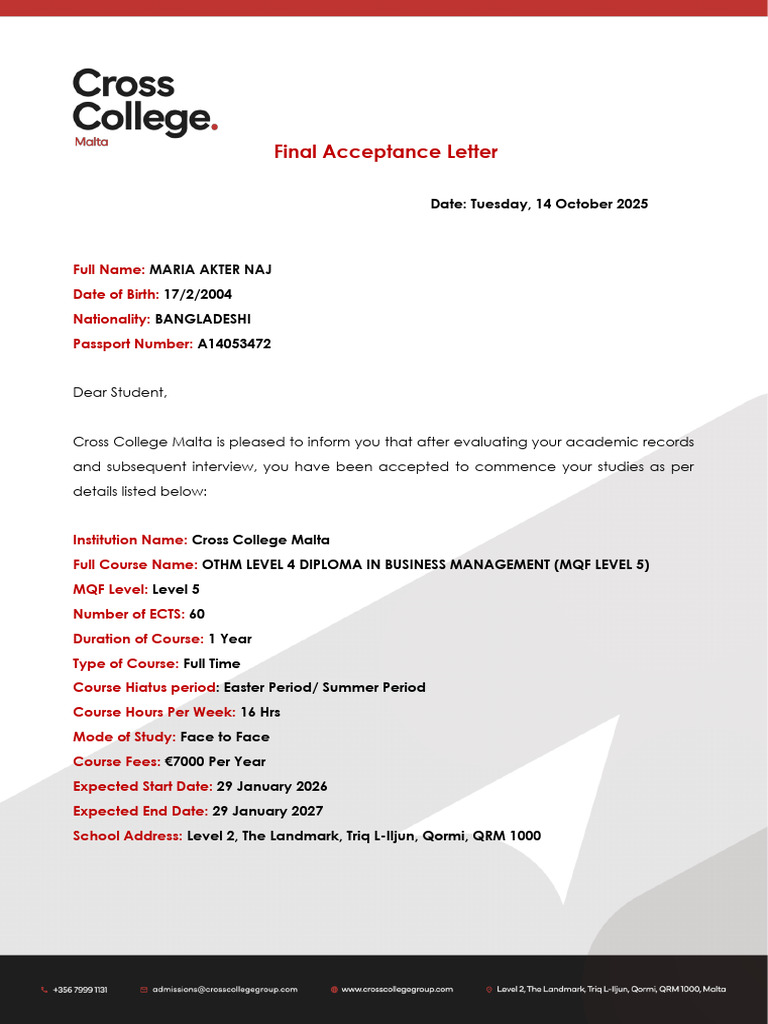Acceptance Letter for Cross College Malta | PDF