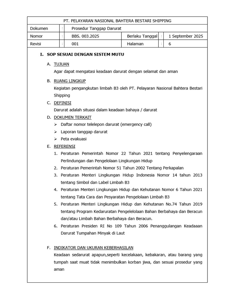 Sop Tanggap Darurat Sesuai KLH September 2025 | PDF