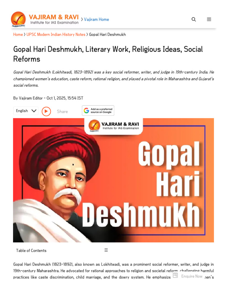 Gopal Hari Deshmukh, Career, Literary Work, Religious Ideas, Social ...