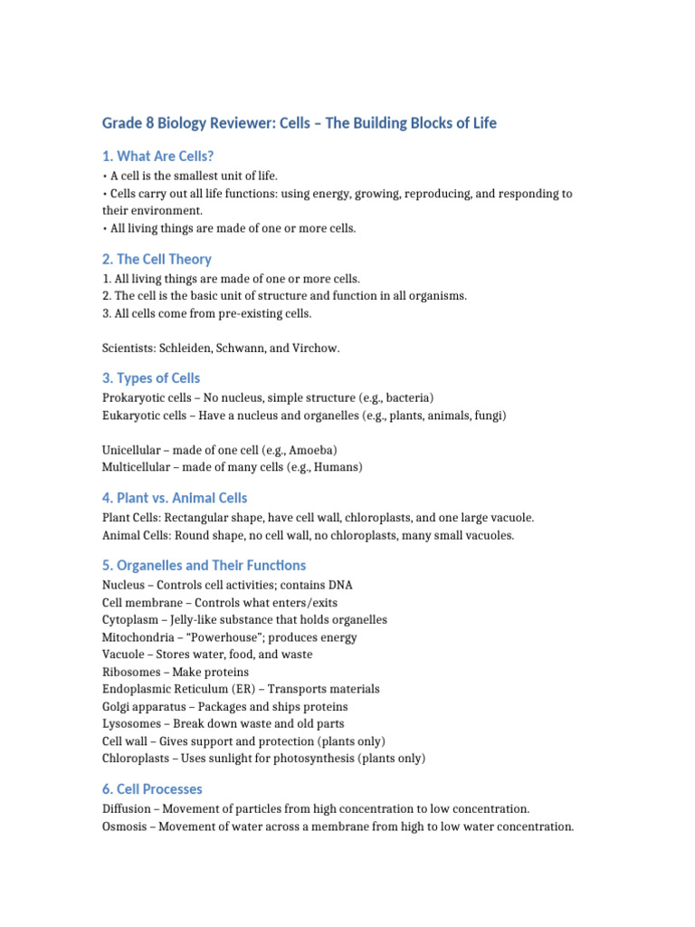 Grade 8 Cell Biology Study Guide | PDF | Cell (Biology) | Organelle