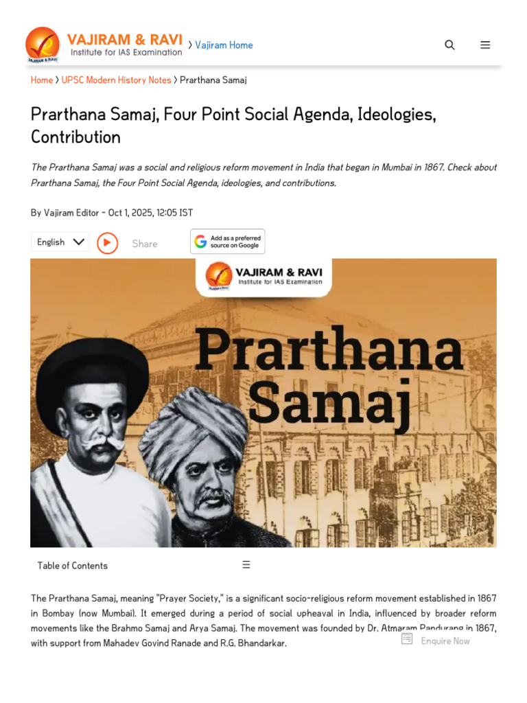 Prarthana Samaj: Reform Movement Overview | PDF