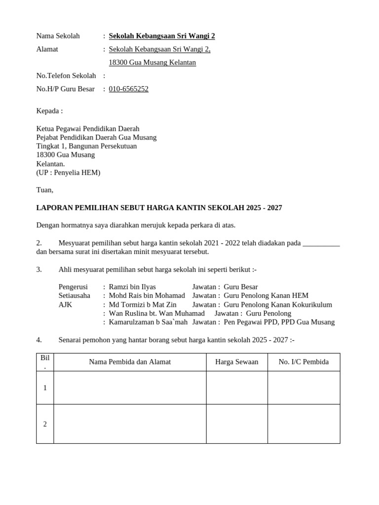 Laporan Pemilihan Tender Kantin 2021 | PDF
