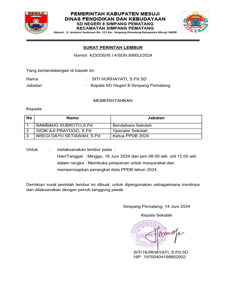 Surat Perintah Lembur SDN 8 Mesuji | PDF